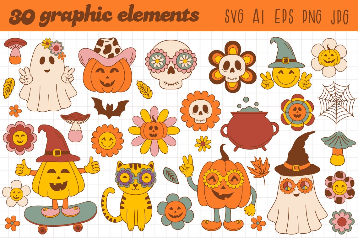 Groovy Retro Halloween, Halloween SVG, Groovy Halloween Clipart, Fall ...
