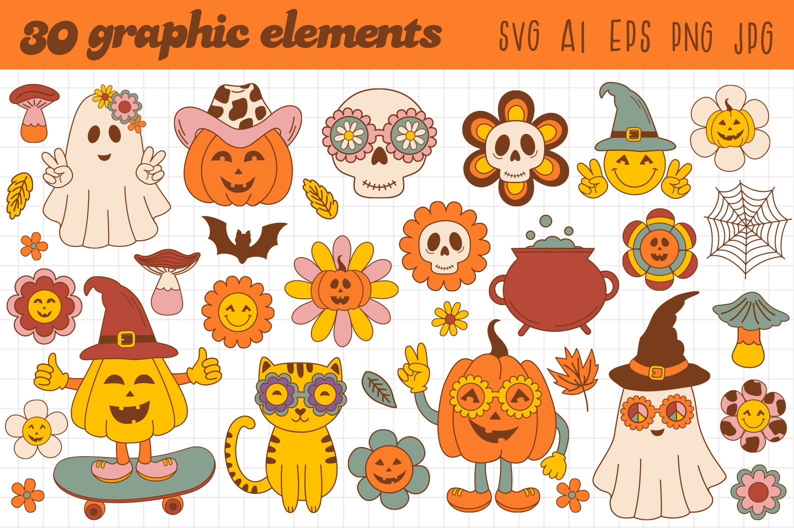 Groovy Retro Halloween, Halloween SVG, Groovy Halloween Clipart, Fall ...