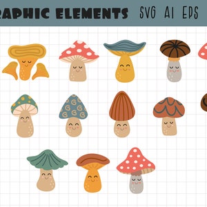 Cute Mushrooms Clipart, Kawaii Mushroom Svg, Cute Forest Mushrooms Png ...
