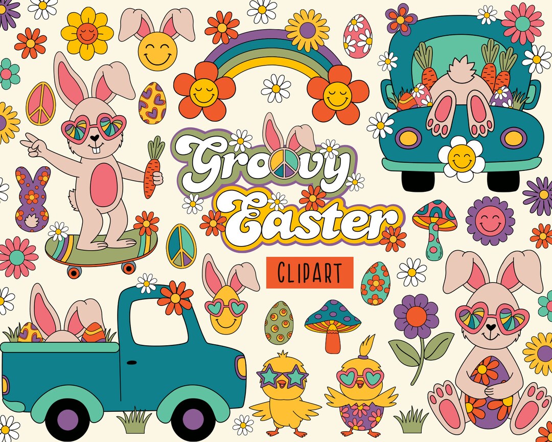 Retro Hippie, Easter Groovy, Groovy Bunny Clipart, Hippie Chick SVG ...