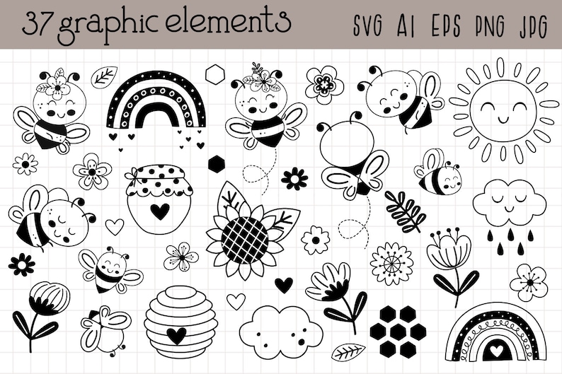 Bee Clipart, Bee Svg, Black and White, Honeycomb Svg, Queen Bee Svg ...