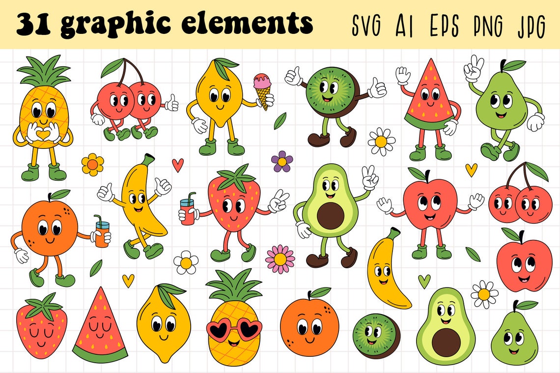 Groovy Retro Cartoon, Retro Summer Clipart, Groovy Characters SVG ...
