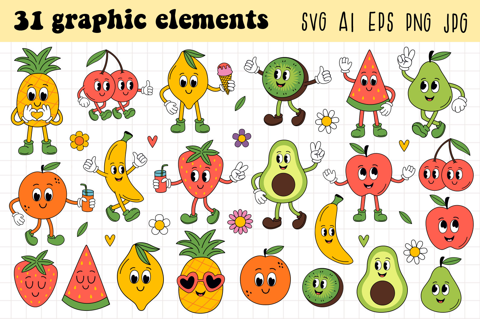 Groovy Retro Cartoon, Retro Summer Clipart, Groovy Characters SVG ...