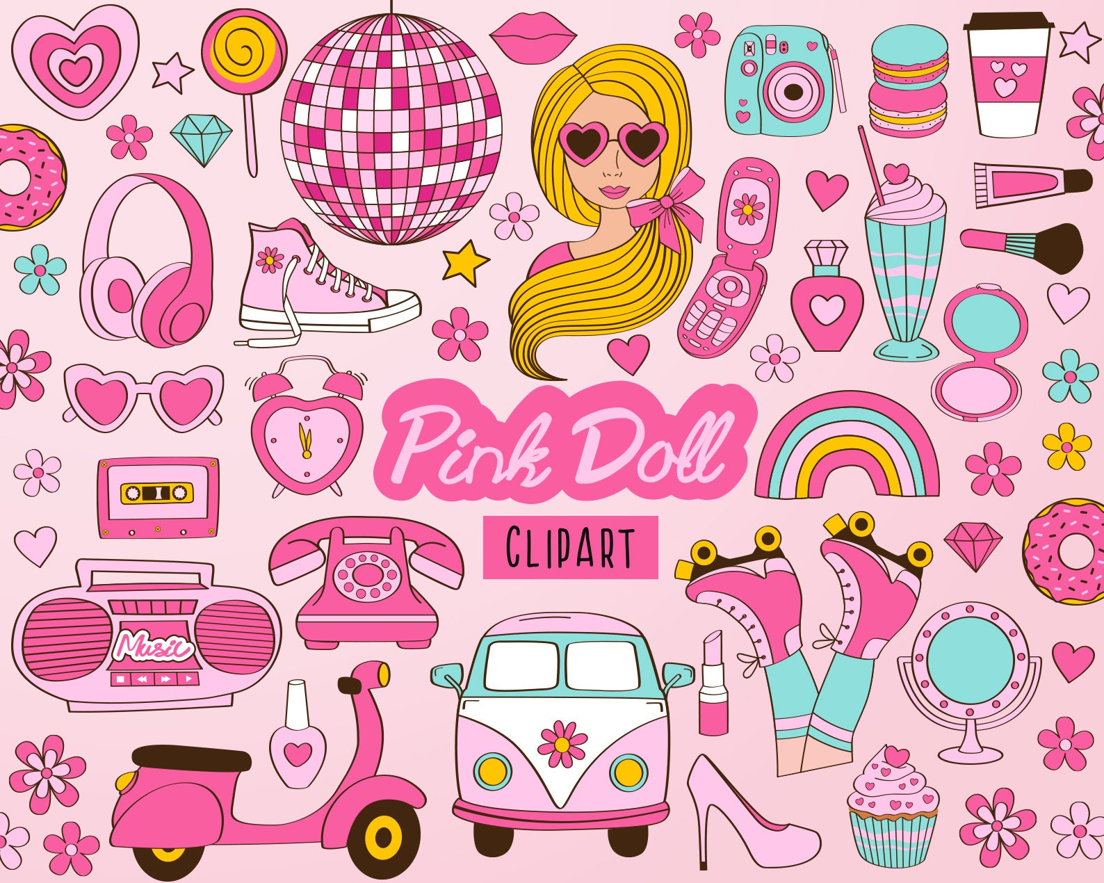 Pink Doll Clipart, Pink Doll Svg Png Jpg Eps, Retro Svg, Retro Pink ...