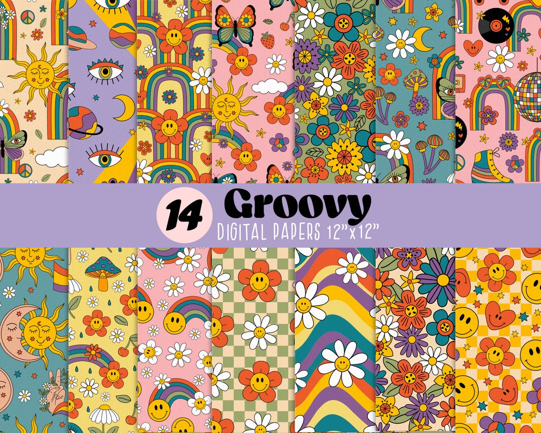 Groovy Digital Paper, Seamless Retro Digital Paper, Retro Happy Face ...