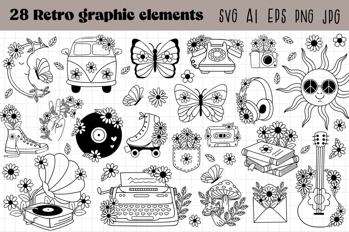 Retro Vibes Digital Clipart Set, Retro 60s 70s 90s, Groovy Hippie ...