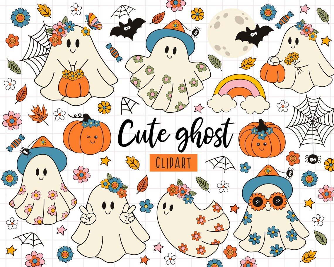 Groovy Halloween Clipart, Retro Flower Ghost Clipart, Spooky Girly Png ...