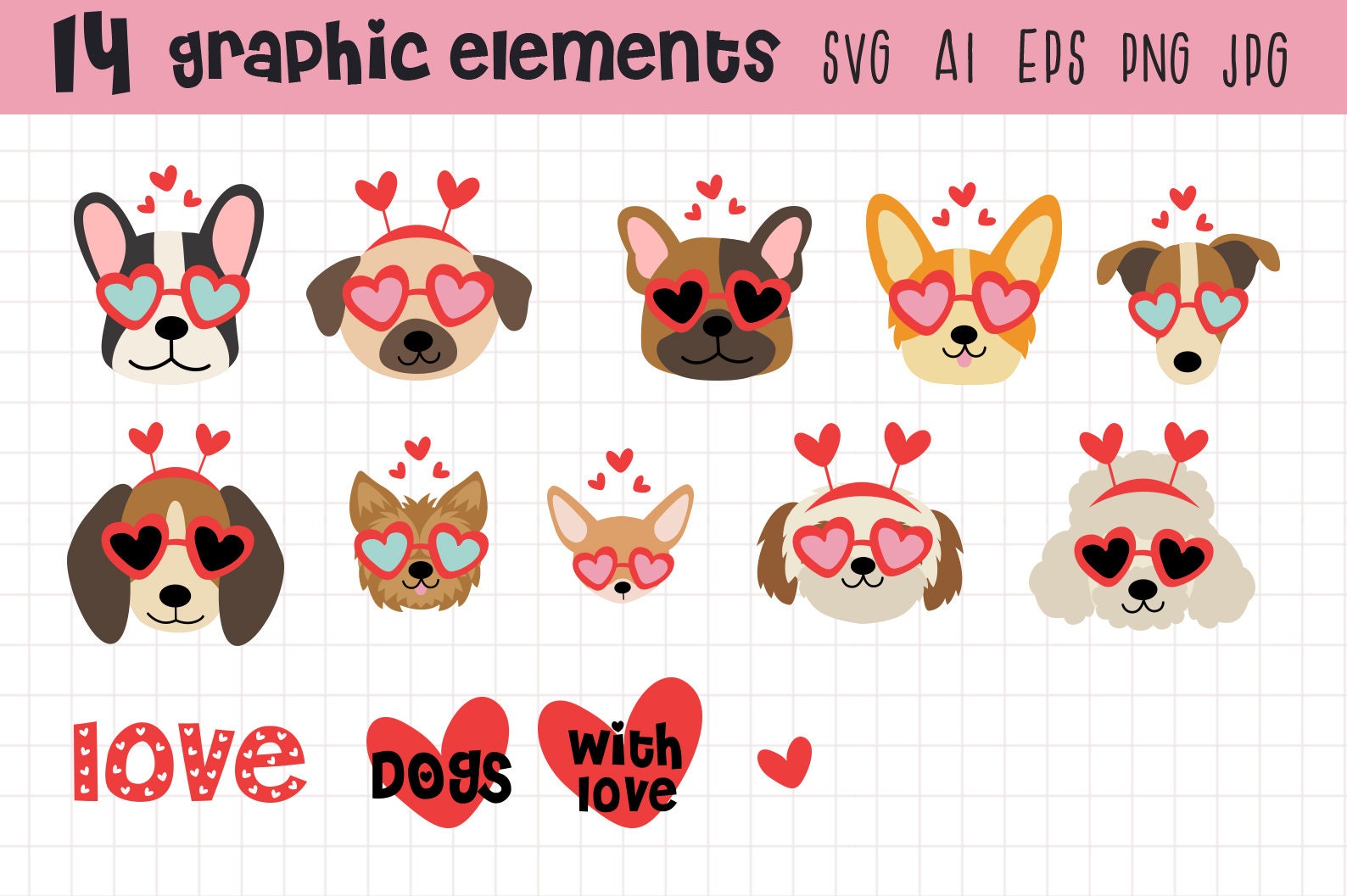 Love Dogs Clipart, Face Dogs Svg, Head Animals Clipart, Valentine Svg ...