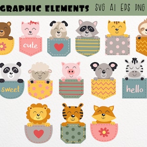 Animals in Pocket Clipart, Pocket Animal Farm Svg, Cute Pets Svg, Baby ...