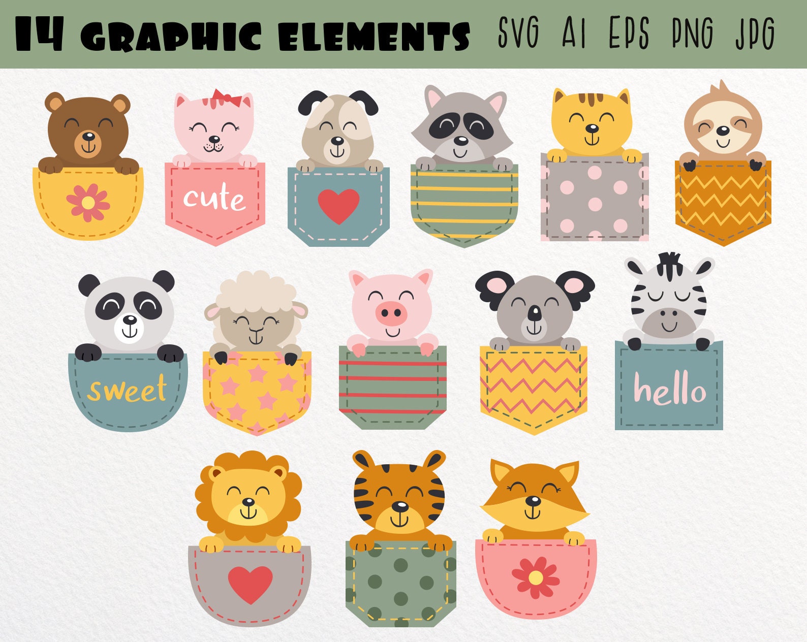 Animals in Pocket Clipart, Pocket Animal Farm Svg, Cute Pets Svg, Baby ...