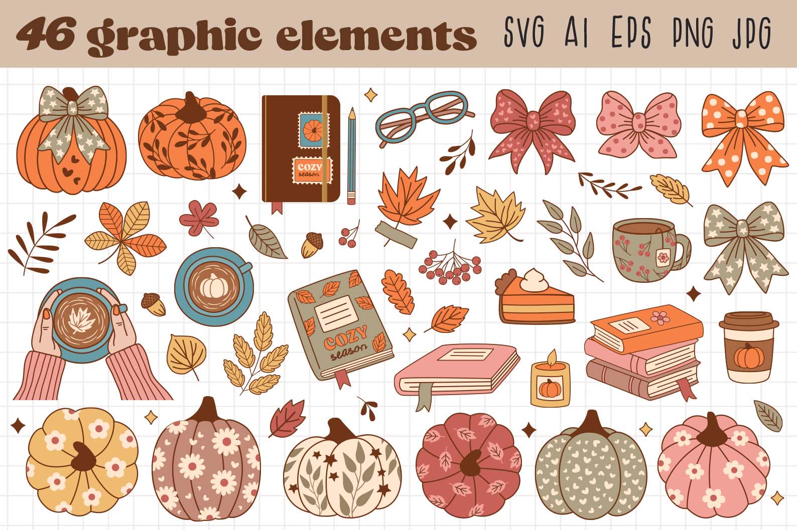 Autumn Clipart, Cozy Fall Clipart, Autumn Leaves, Pumpkins SVG, Book ...