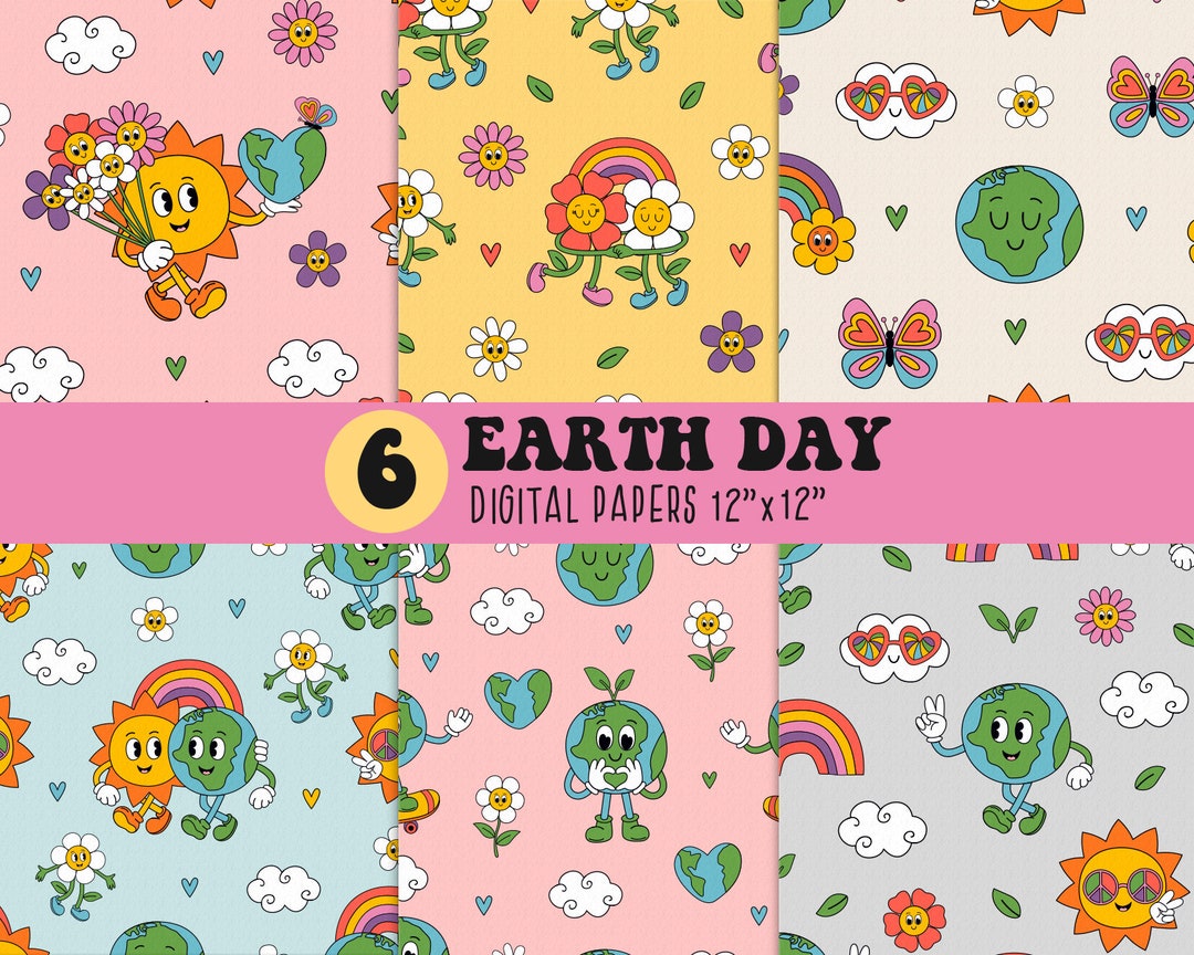 Earth Day Seamless Pattern, Groovy Digital Paper, Cartoon Retro ...