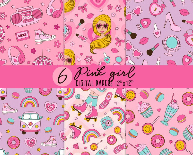 Fashion Doll Pink Digital Paper Pack, Pink Doll Seamless Digital Paper ...