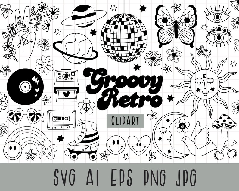 Retro Vibes Digital Clipart Set, Black and White, Groovy Hippie, Retro ...