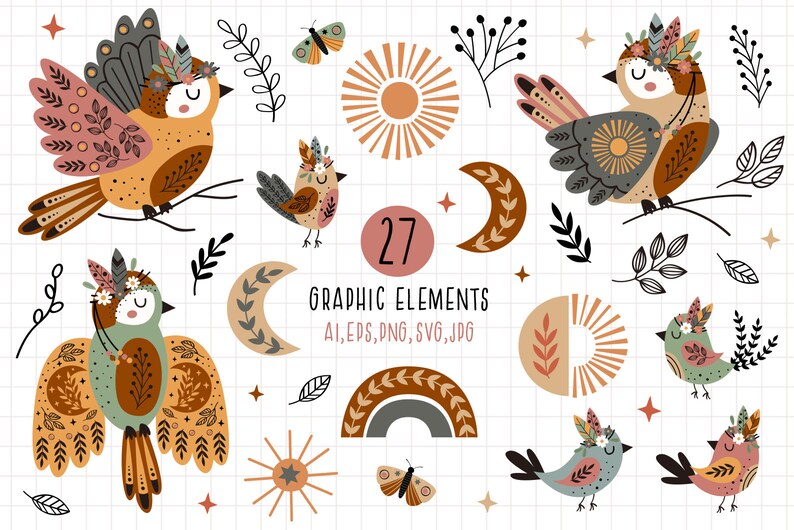 Birds Svg, Flowers Clipart, Boho Birds Svg, Celestial Svg, Tribal Birds ...
