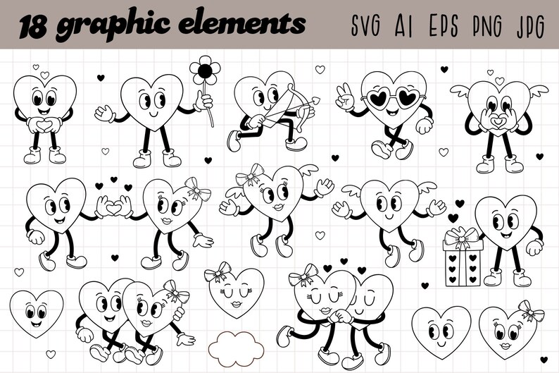 Retro Valentine Day Clipart, Groovy Fun Romantic Characters, Groovy ...