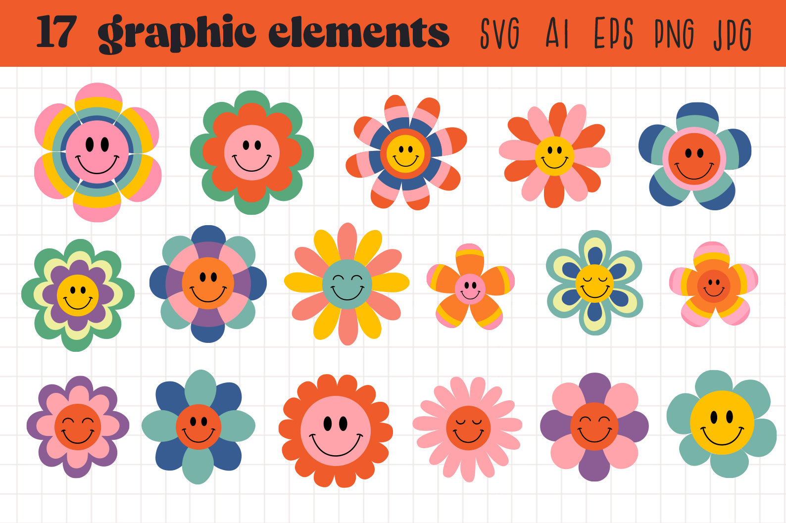 Retro Flowers Clipart, Hippie Clipart, Groovy Florals Clipart, Groovy ...