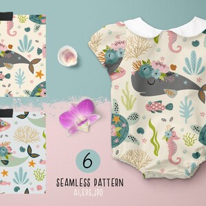 Sea Animals Digital Paper Set, Floral Sea Life Seamless Pattern, Ocean ...