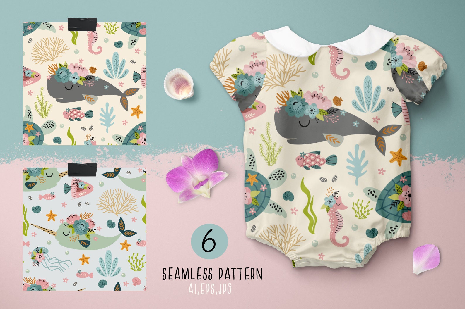 Sea Animals Digital Paper Set, Floral Sea Life Seamless Pattern, Ocean ...