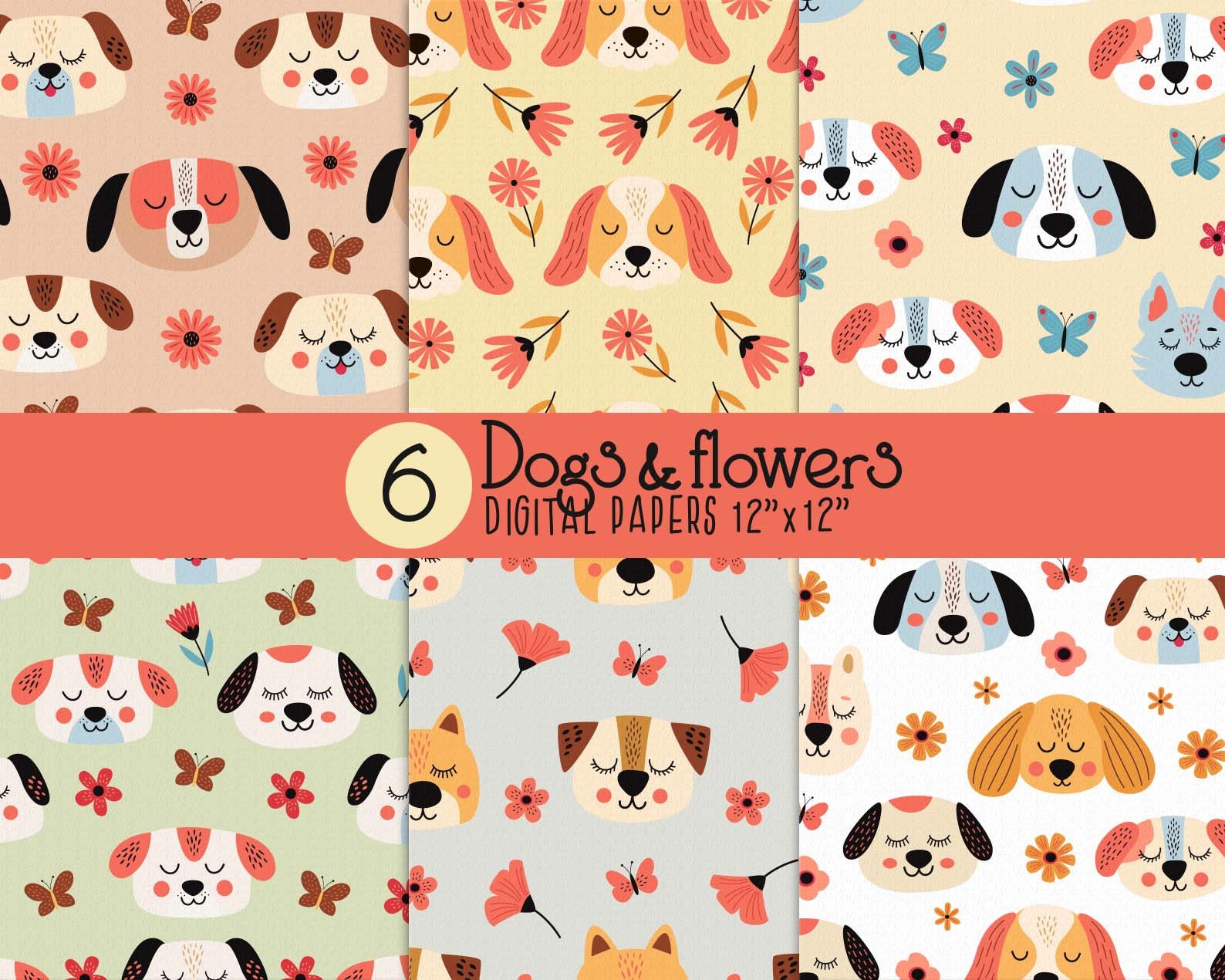 Funny Dogs Digital Paper Pack, Cute Dogs Seamless, Flower Backgrounds ...