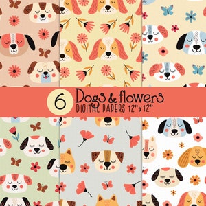 Funny Dogs Digital Paper Pack, Cute Dogs Seamless, Flower Backgrounds ...