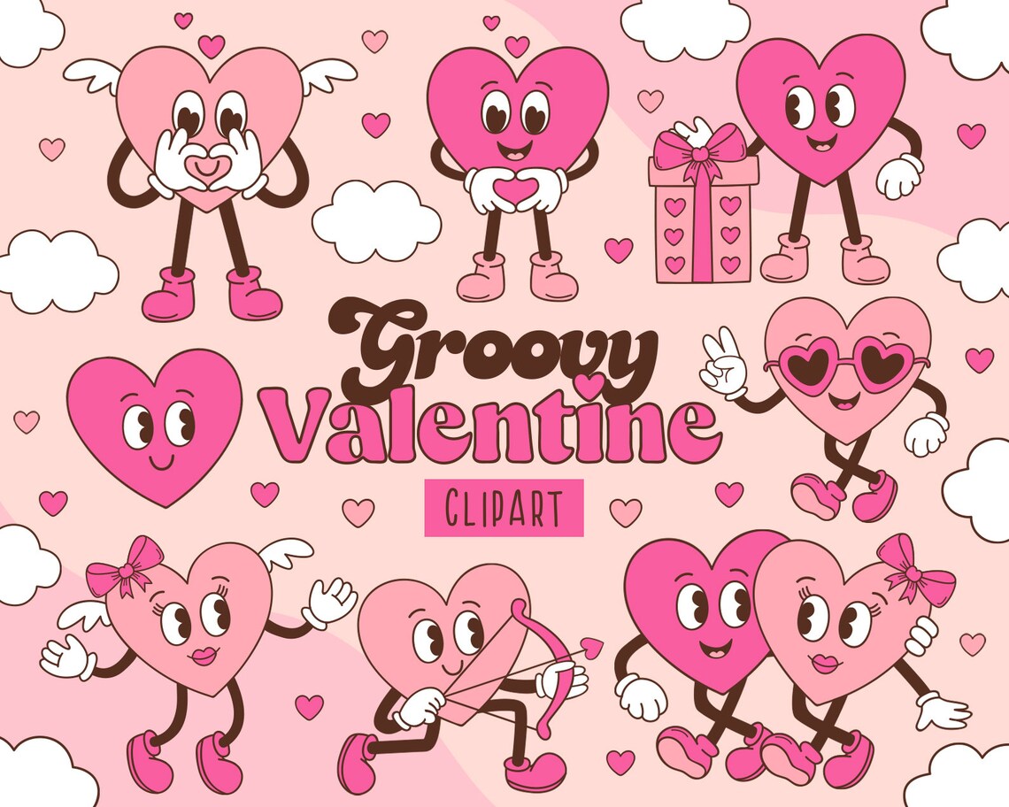 Retro Valentine Day Clipart, Groovy Fun Romantic Characters, Groovy ...