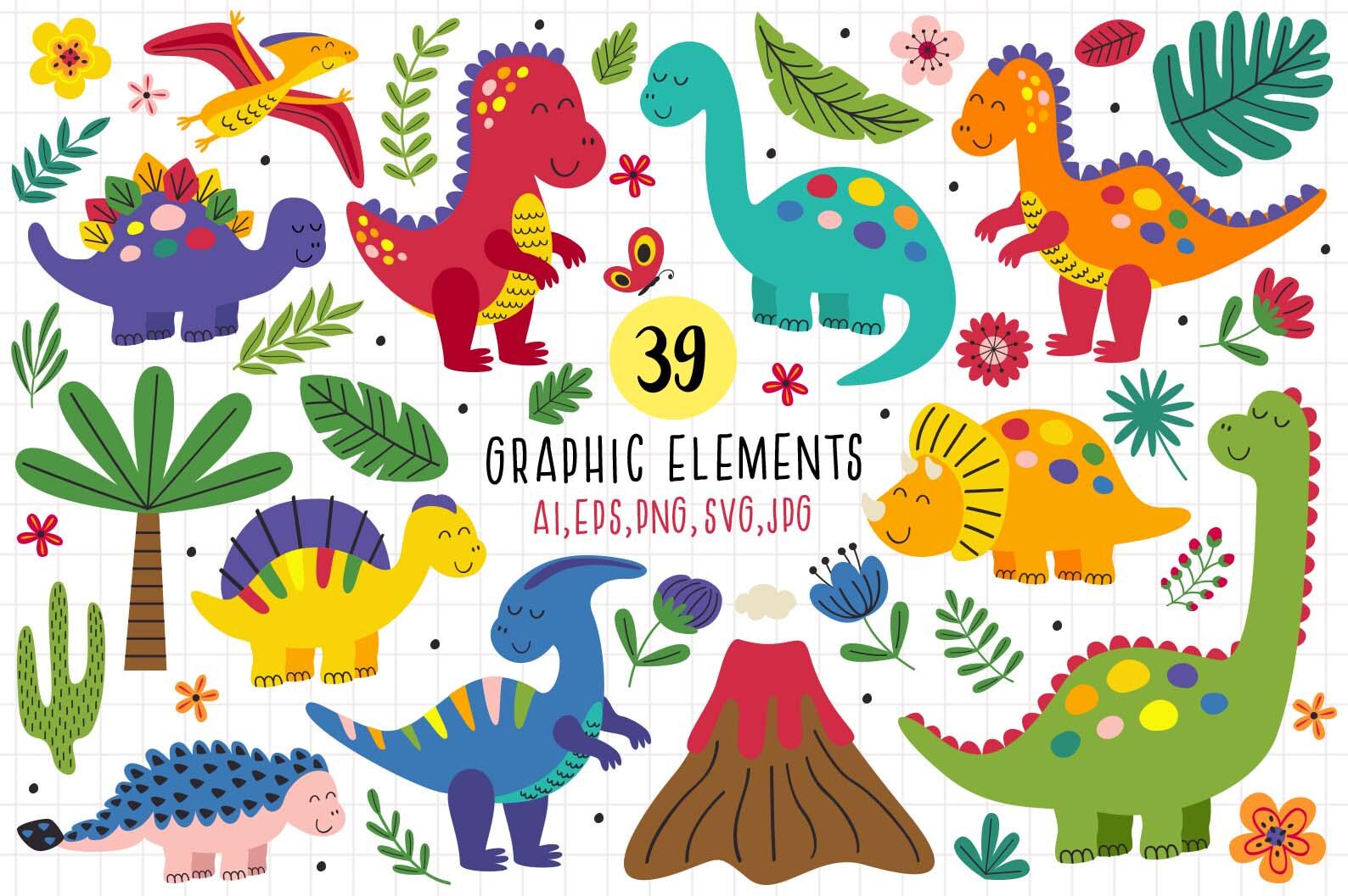 Cute Dinosaur Clipart, Jurassic Dino Clipart, Cute Dino Svg, Flowers ...