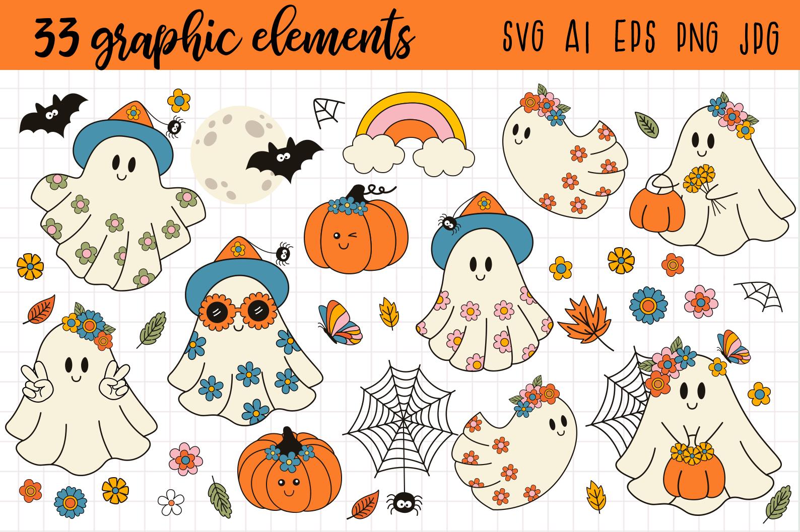 Groovy Halloween Clipart, Retro Flower Ghost Clipart, Spooky Girly Png ...