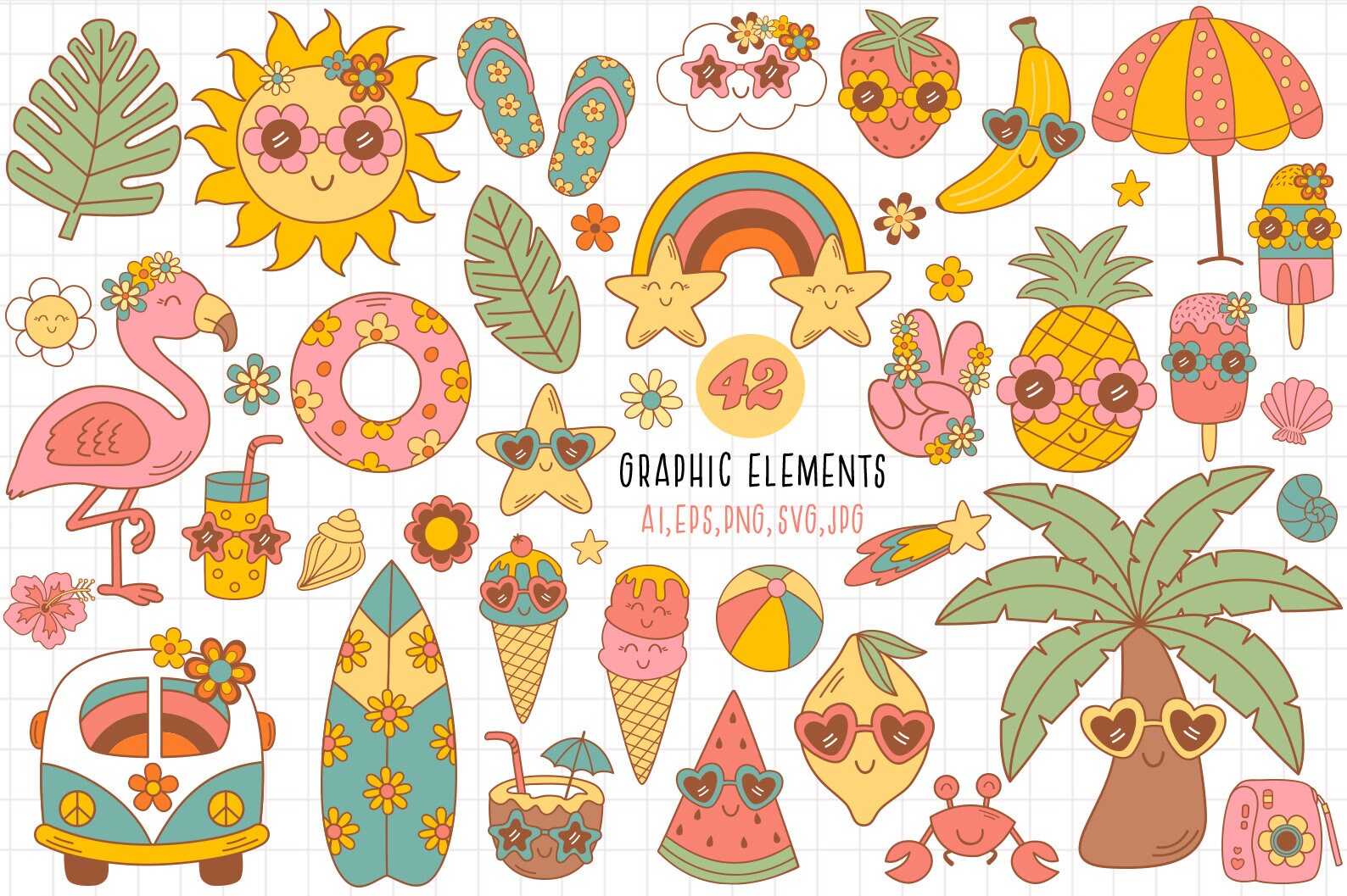 Groovy Summer Clipart Retro Summer Clipart Beach Clipart Vacation ...