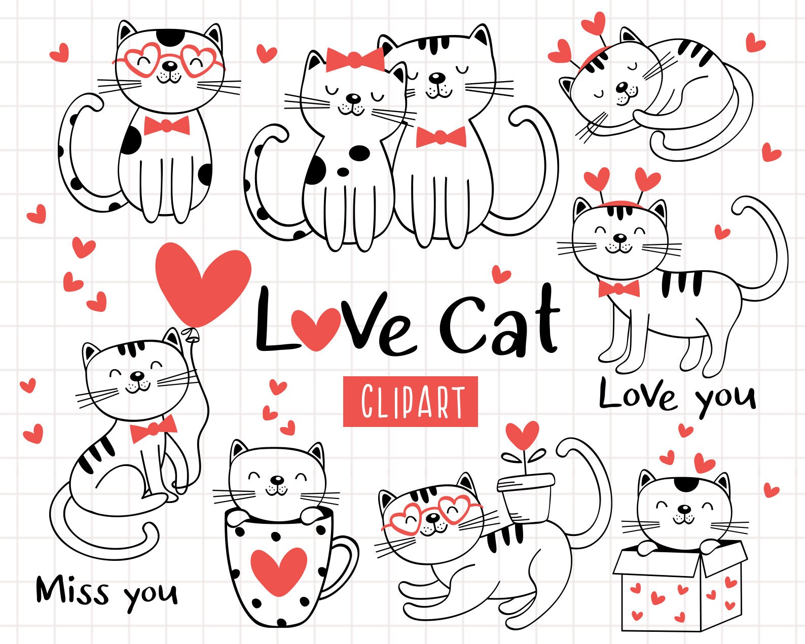 Cute Cat Valentine Clipart, Cat Clipart, Valentine Cat Svg, Love Svg ...