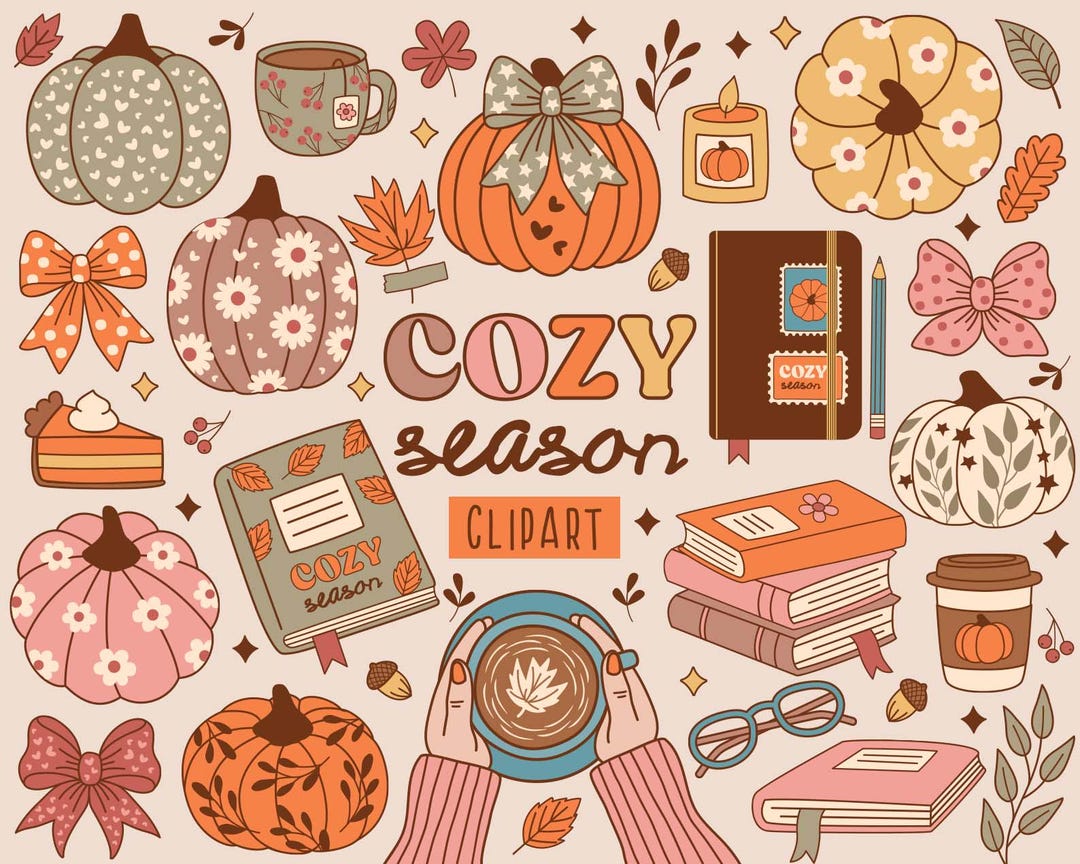 Autumn Clipart, Cozy Fall Clipart, Autumn Leaves, Pumpkins SVG, Book ...