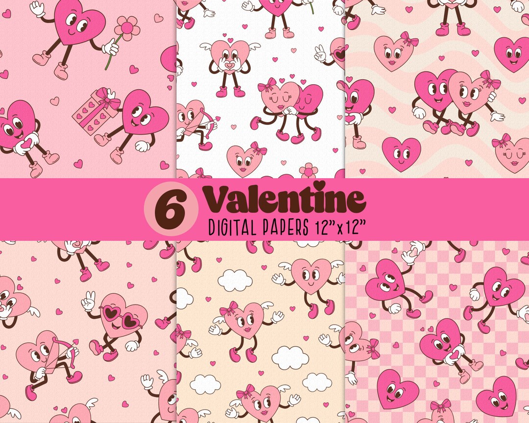 Retro Groovy Valentine Seamless Digital Paper, Cute Hearts Patterns Set ...
