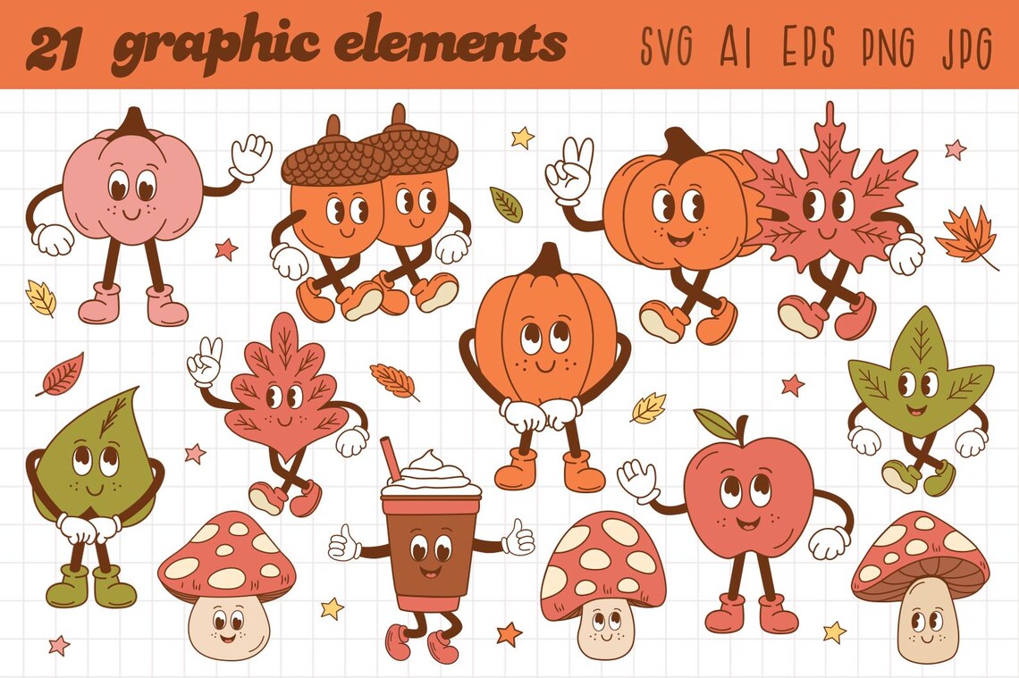 Groovy Autumn Clipart, Retro Autumn Clipart, Thanksgiving Day Png ...