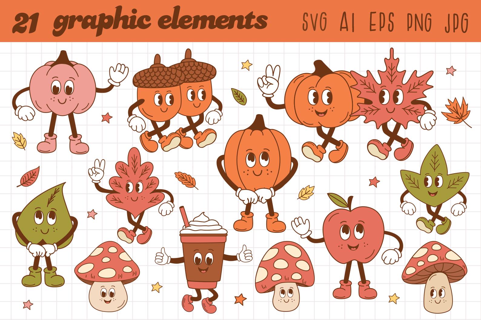Groovy Autumn Clipart, Retro Autumn Clipart, Thanksgiving Day Png ...