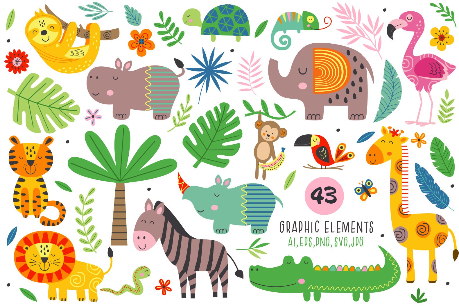 Tropical Clip Art Safari Animal Flowers Svg Elephant Svg Woodland ...