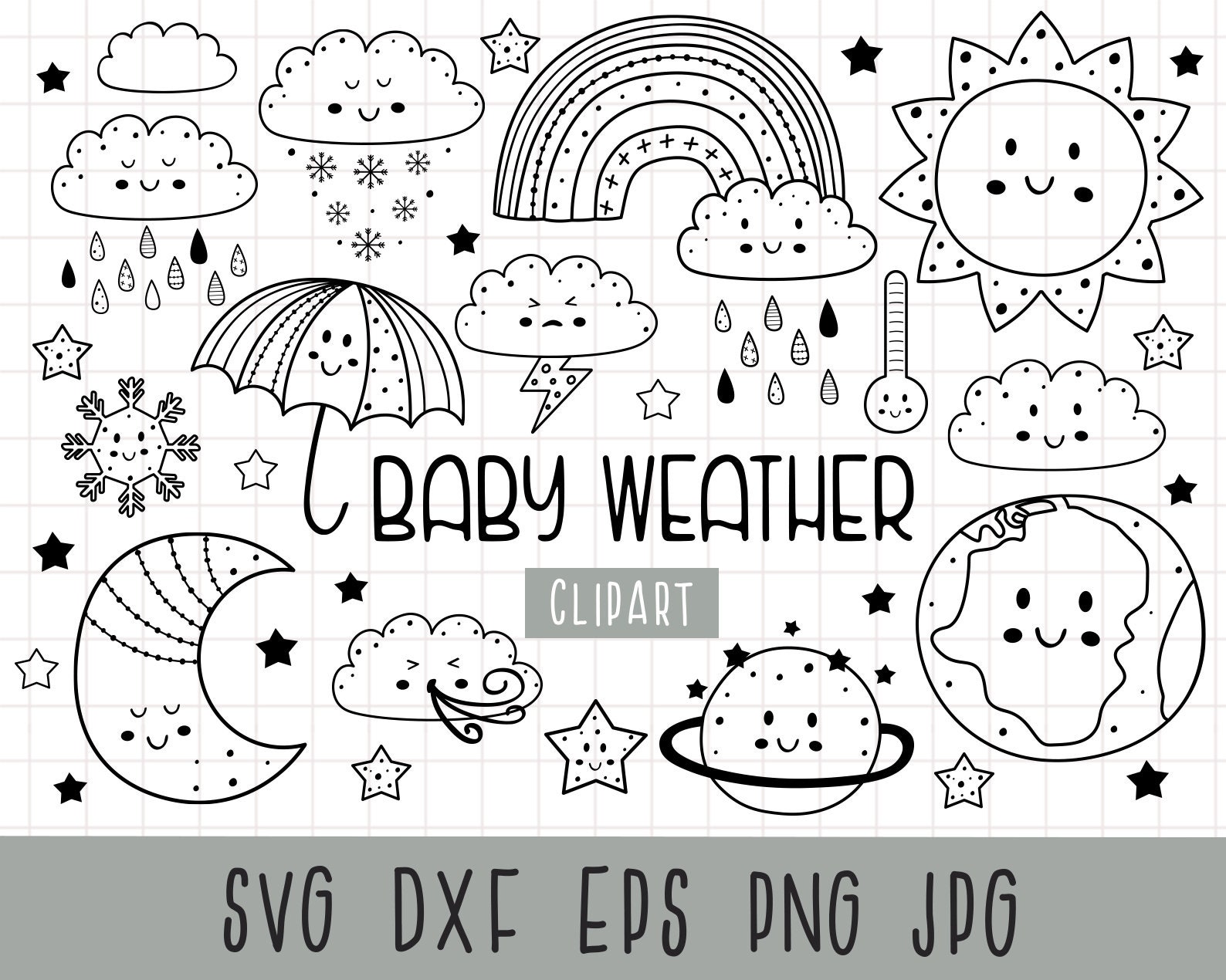 Weather Clipart Set, Cloud Svg, Sun Clipart, Rainbow Svg, Snow Clipart ...