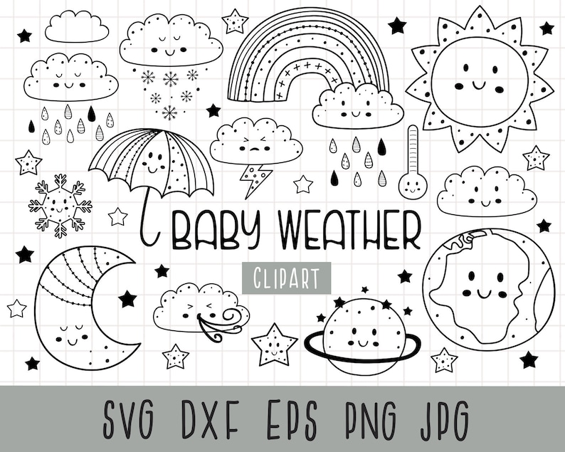 Weather Clipart Set, Cloud Svg, Sun Clipart, Rainbow Svg, Snow Clipart ...