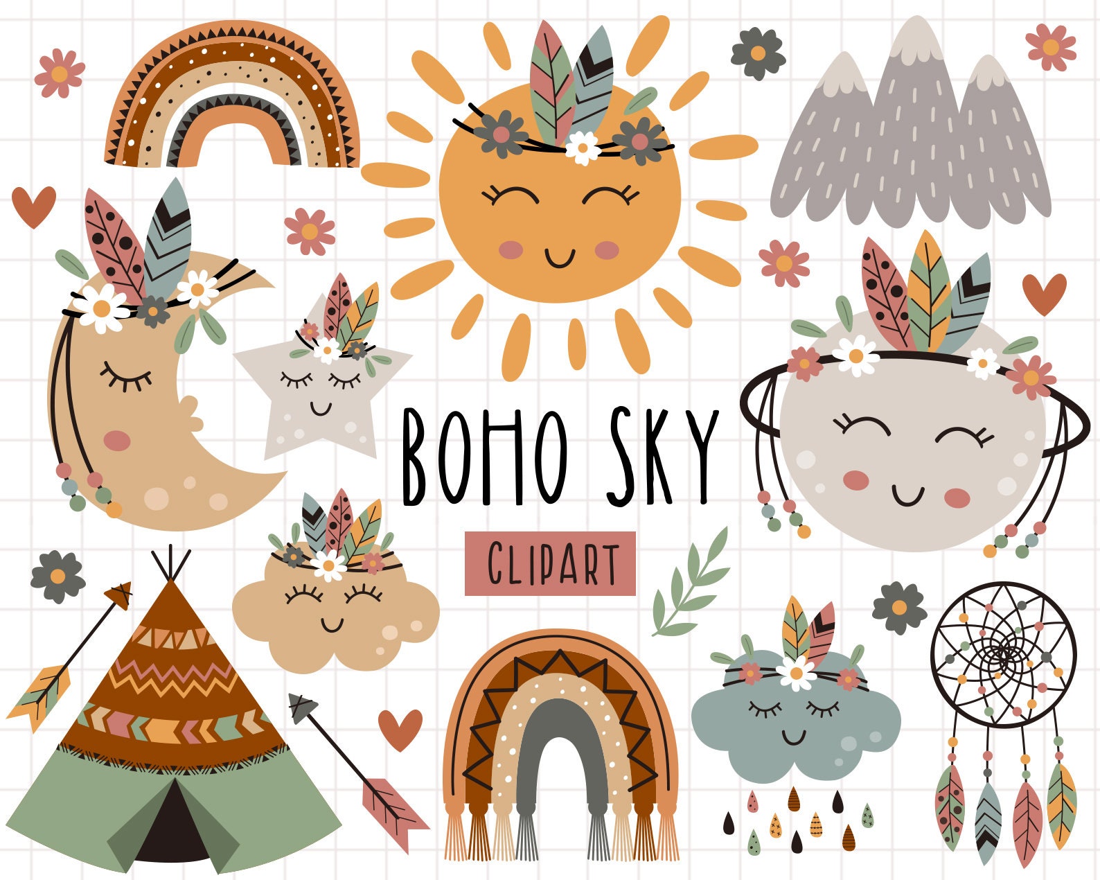 Boho Baby Clipart, Tribal Clipart , Baby Shower Clipart, Bohemian ...