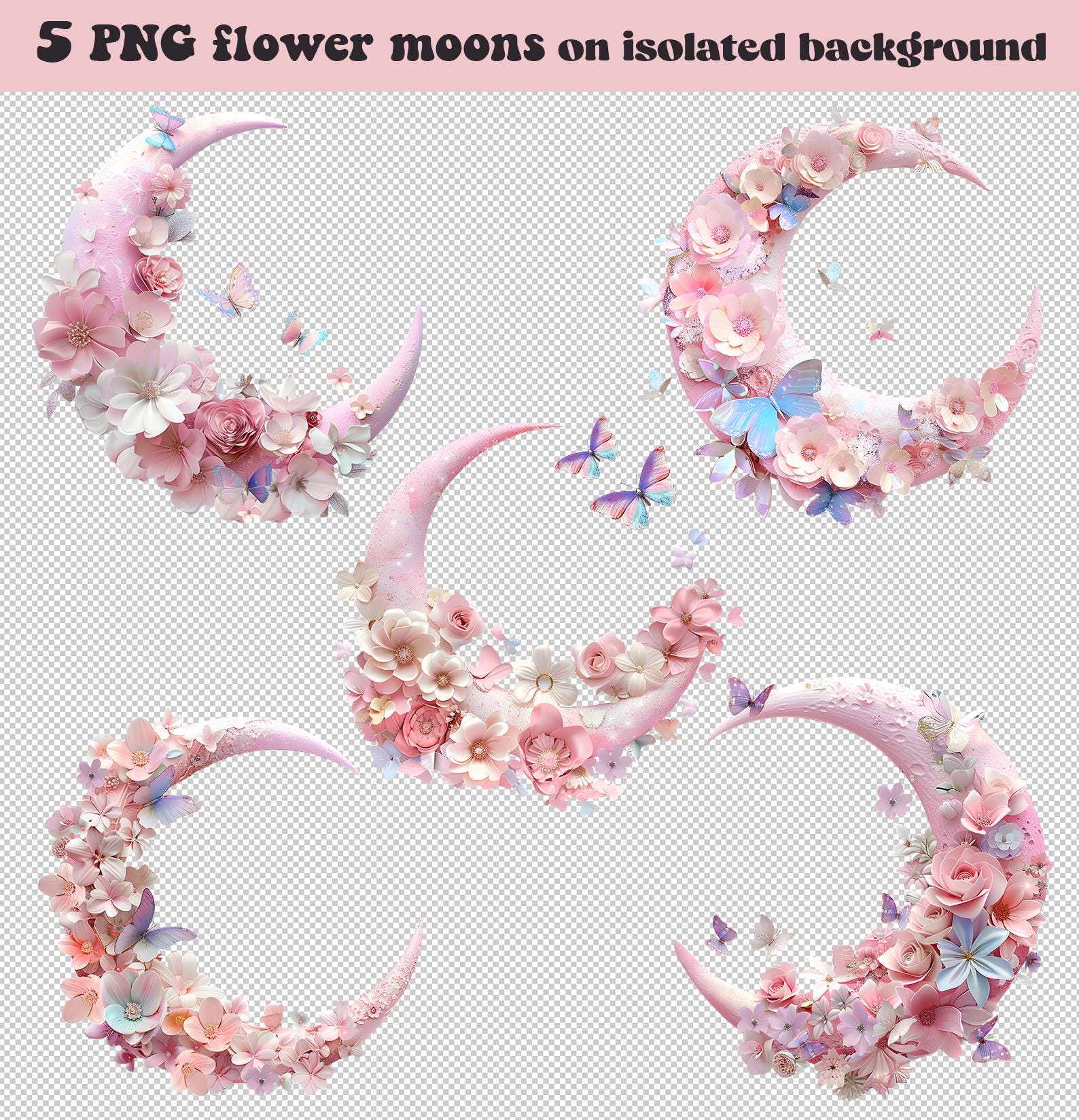 3D Pink Floral Moons PNG Clipart, Moon Flower Clipart, Floral Crescent ...