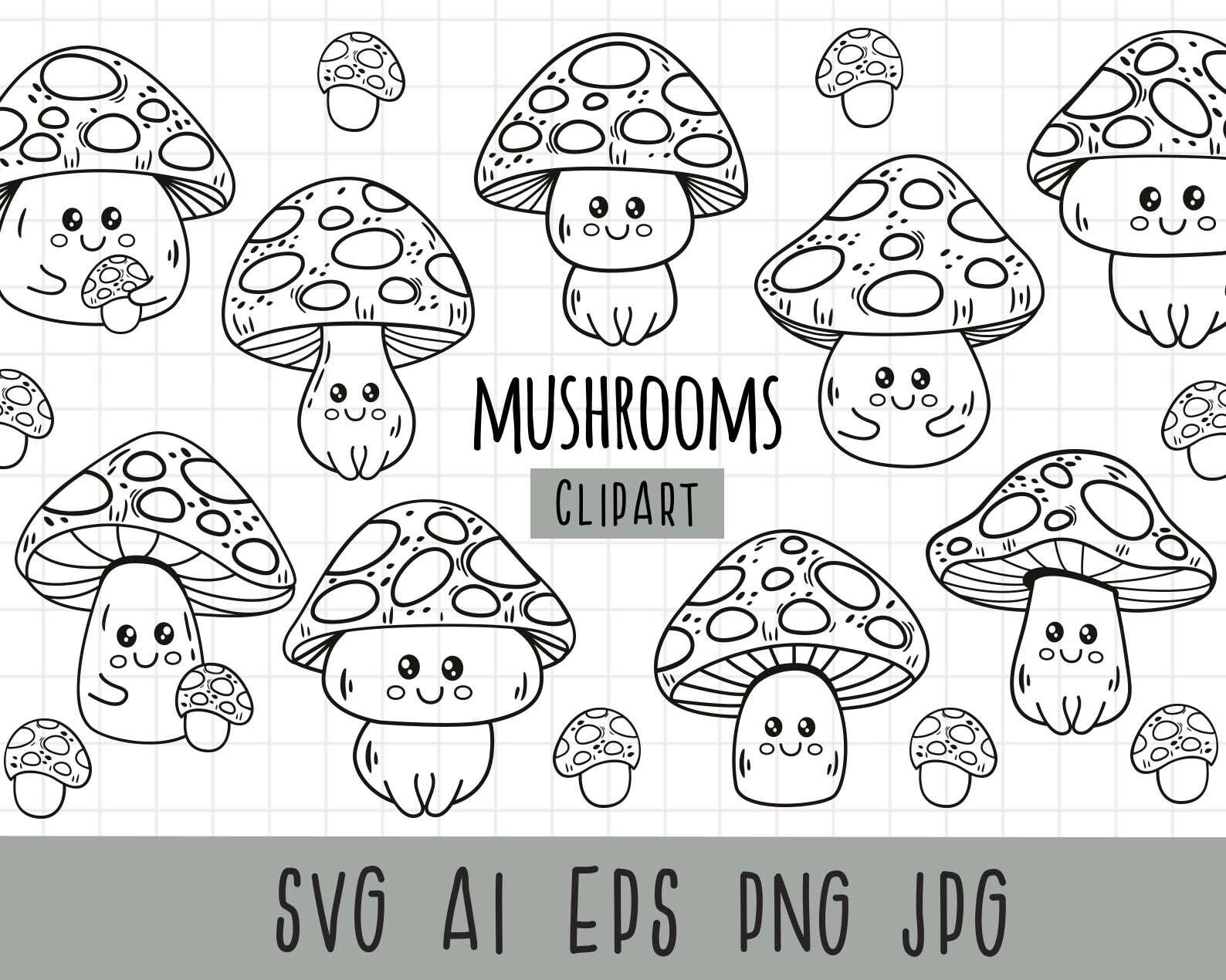 Cute Mushrooms Clipart, Kawaii Mushroom Svg, Cute Mushroom PNG, Kawaii ...