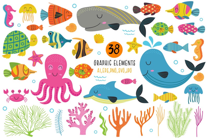Sea Life Clipart, Ocean Clipart, Coral Reef Fish Clipart, Colorful Fish ...