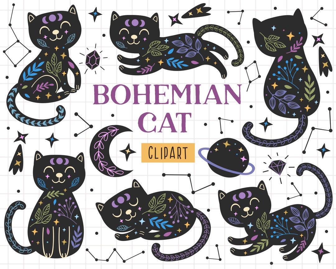 Bohemian Cat Clipart Celestial Cat Svg Kitten Clipart Moon Svg Cat ...