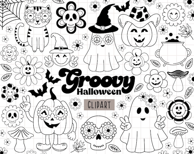 Groovy Halloween Clipart, Groovy Clipart Bundle, Fall Clipart, Pastel ...