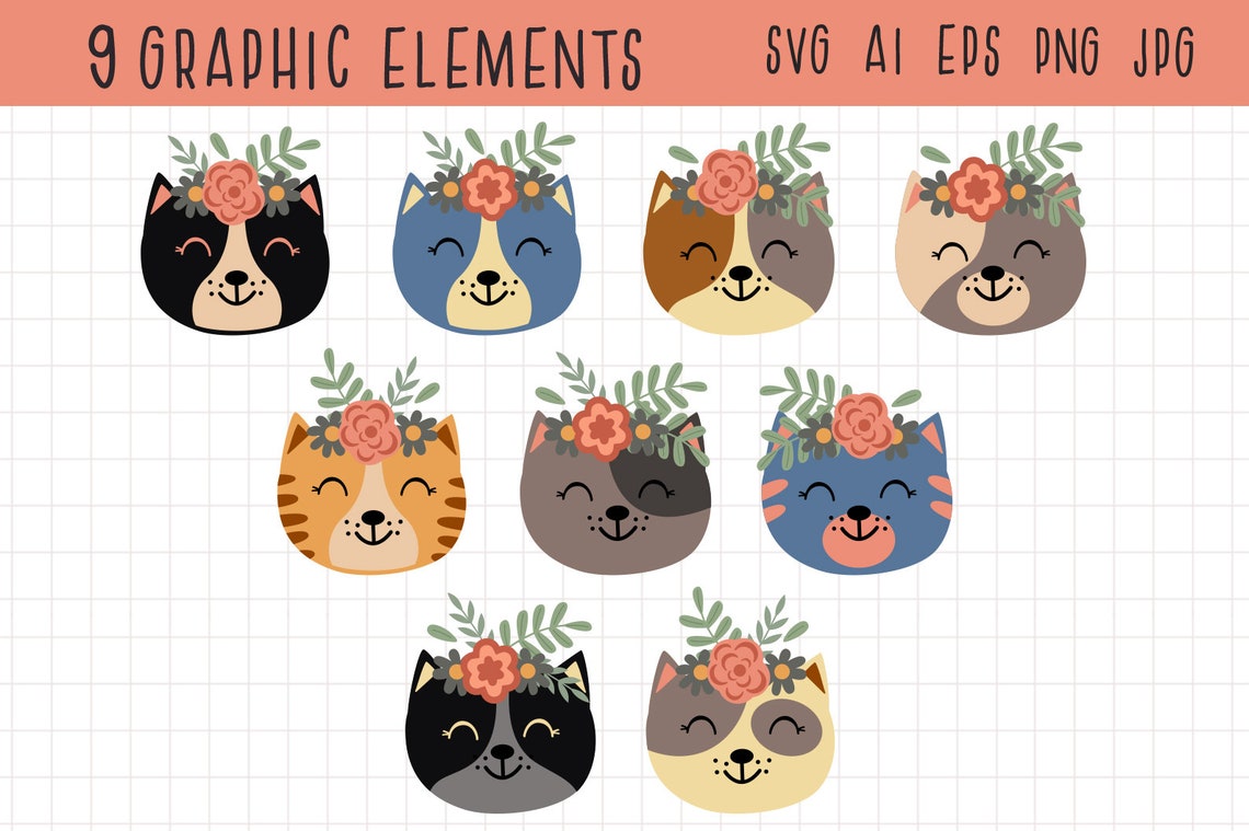 Cat Bundle SVG, Cat Svg, Kitty Svg, Flowers Svg, Cute Cat SVG File, Cat ...