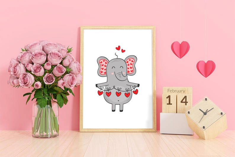 Cute Love Elephant Clipart, Valentines Clipart, Valentine Heart, Fun ...