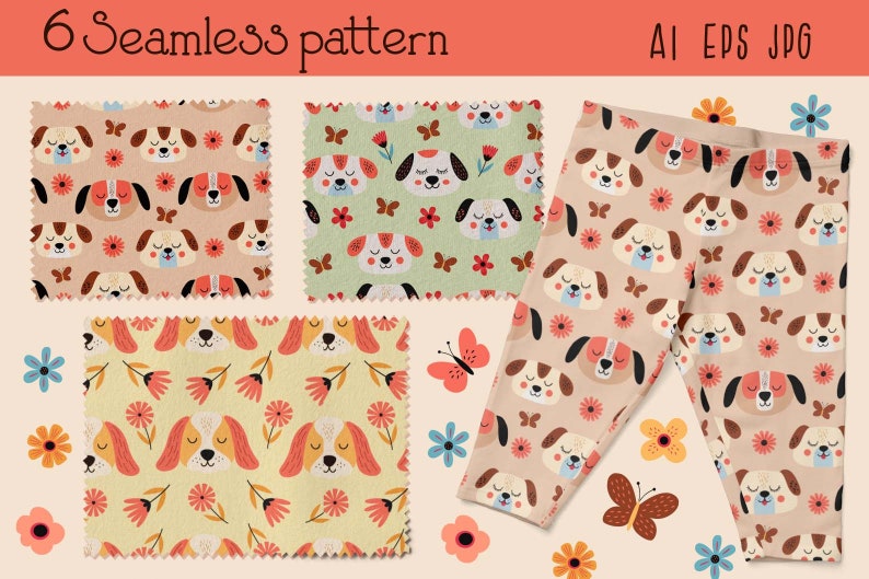 Funny Dogs Digital Paper Pack, Cute Dogs Seamless, Flower Backgrounds ...