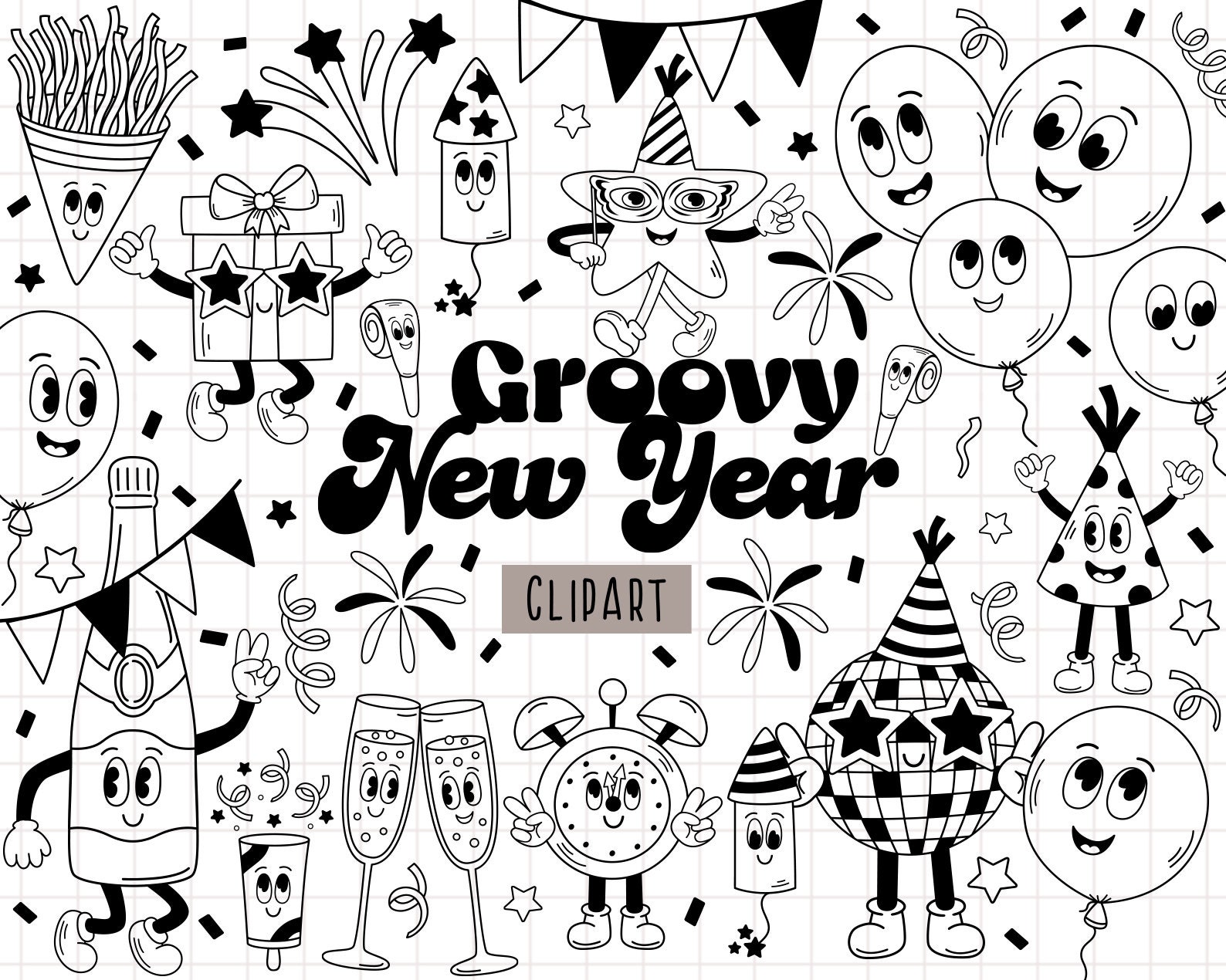 Retro Groovy New Year Clipart, Funny Party Characters, Black and White ...