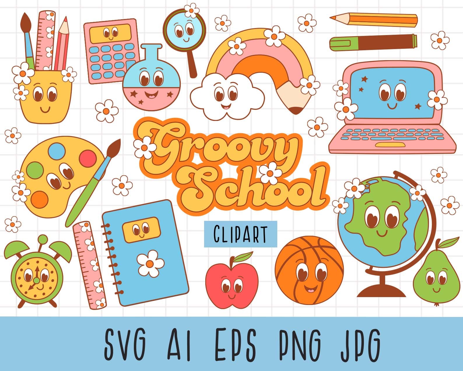 Groovy School Clipart, Retro Back to School, Education Clipart, School ...