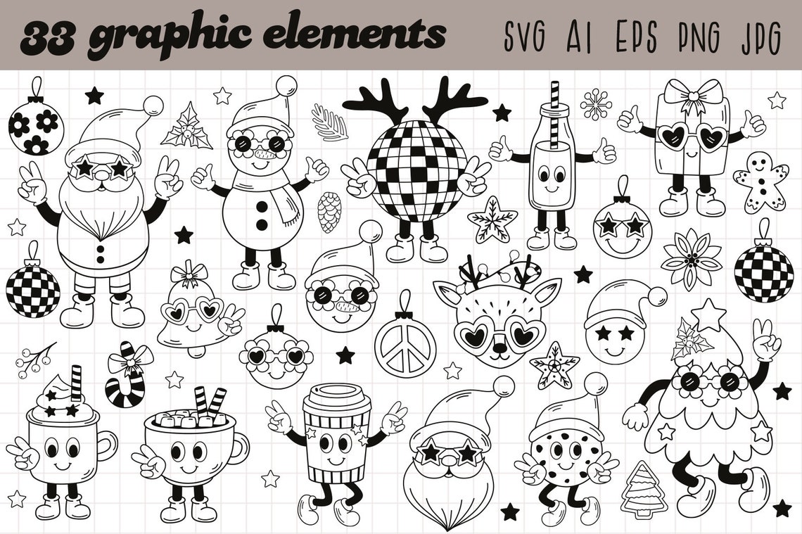 Retro Groovy Christmas Clipart, Christmas Clipart, Retro Christmas Svg ...