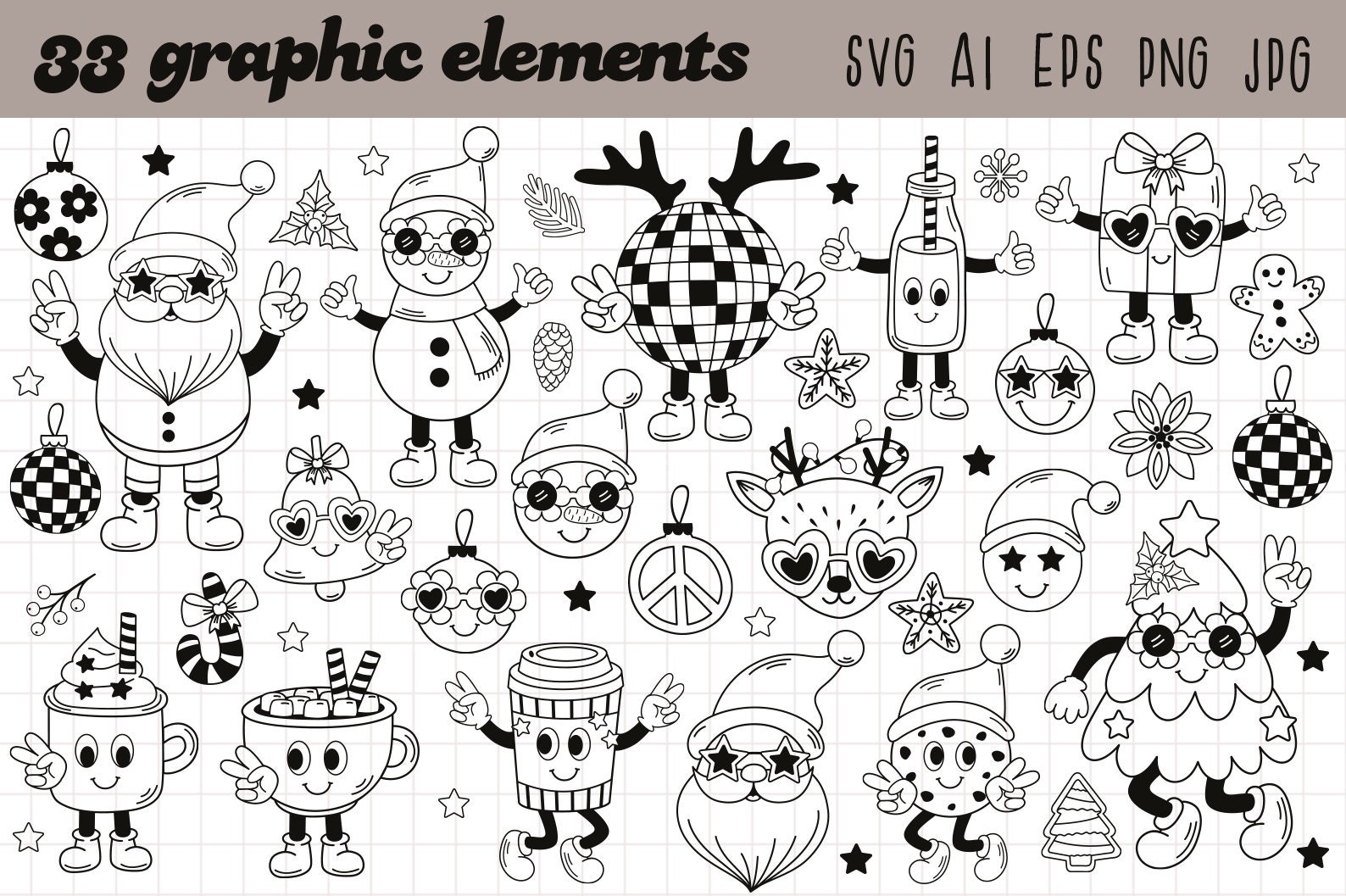 Retro Groovy Christmas Clipart, Christmas Clipart, Retro Christmas Svg ...